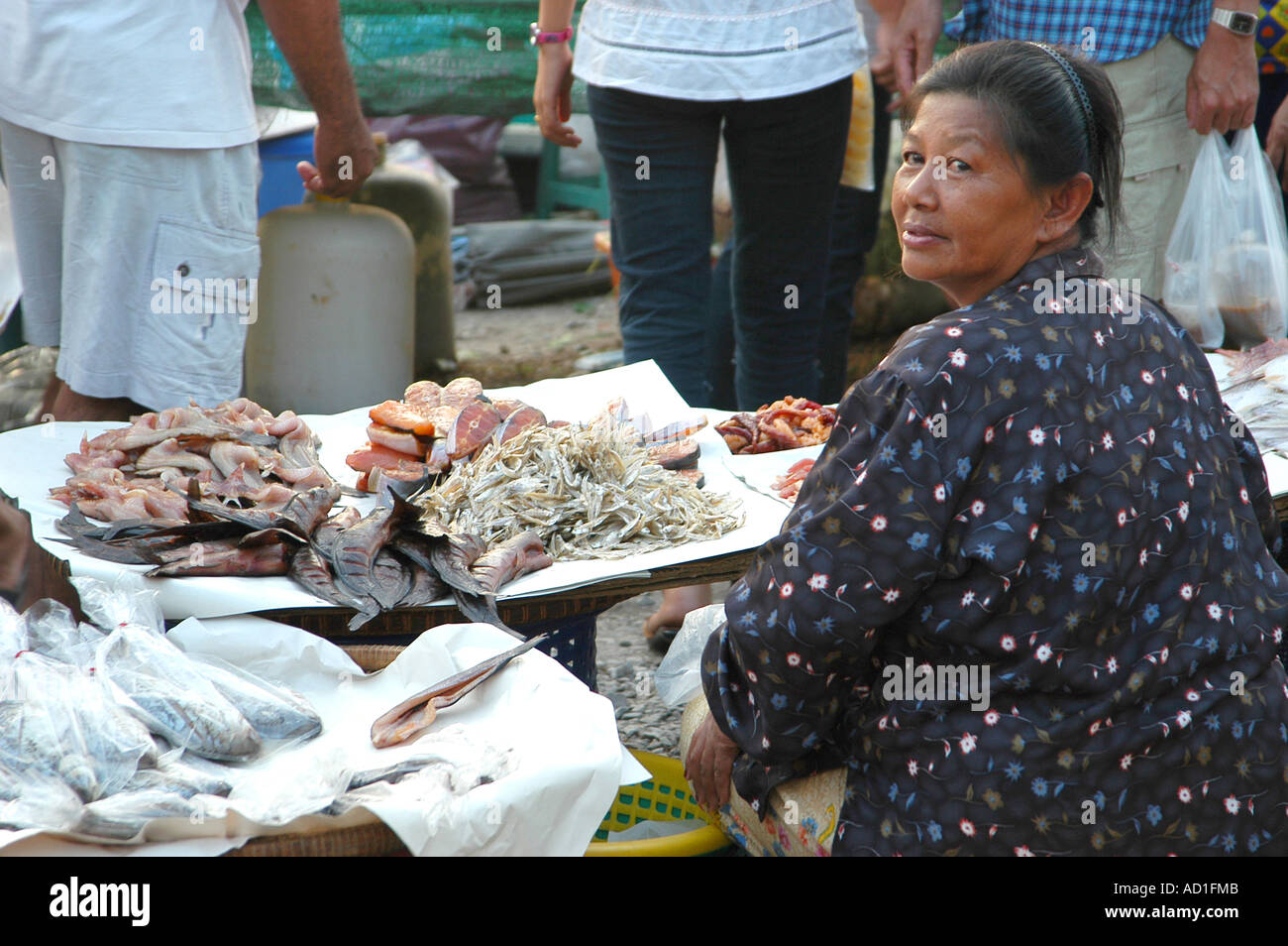 selling fish and sea food at the food Market at Lopburi Thailand Stock ...