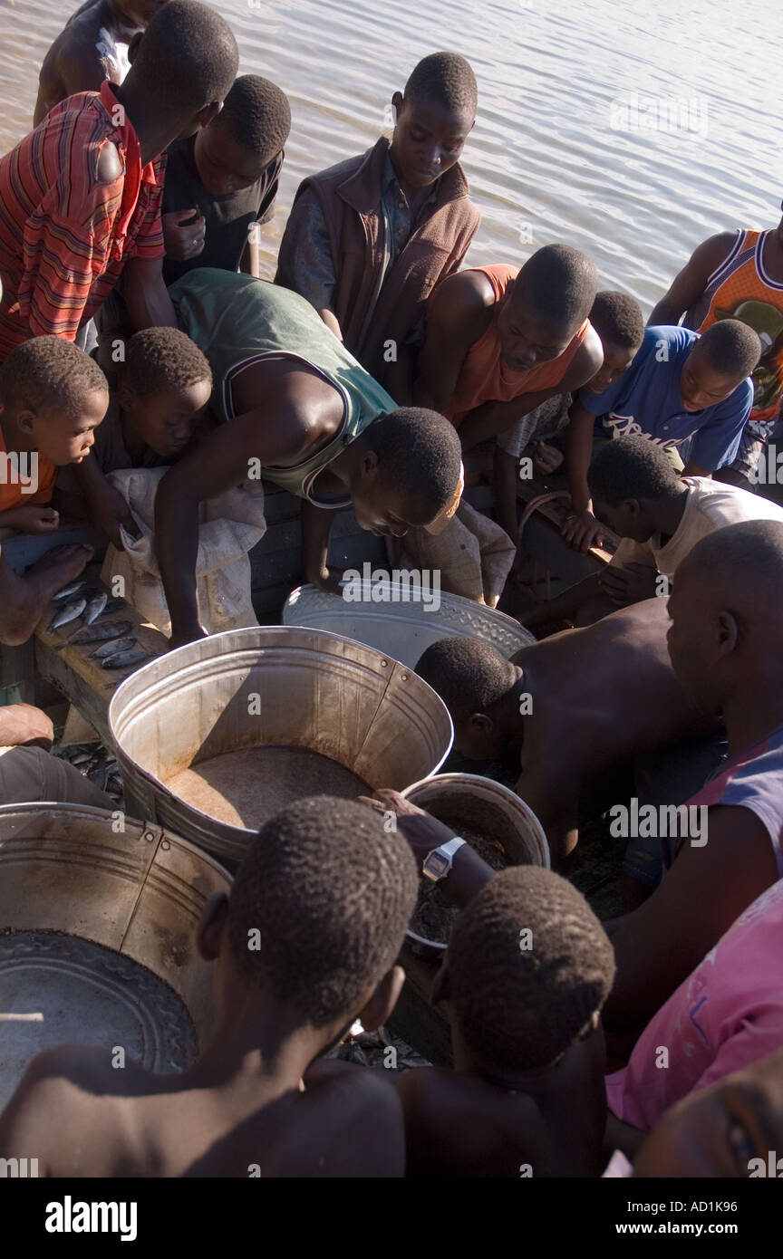 Young black African fisherman and children going through the days catch ...