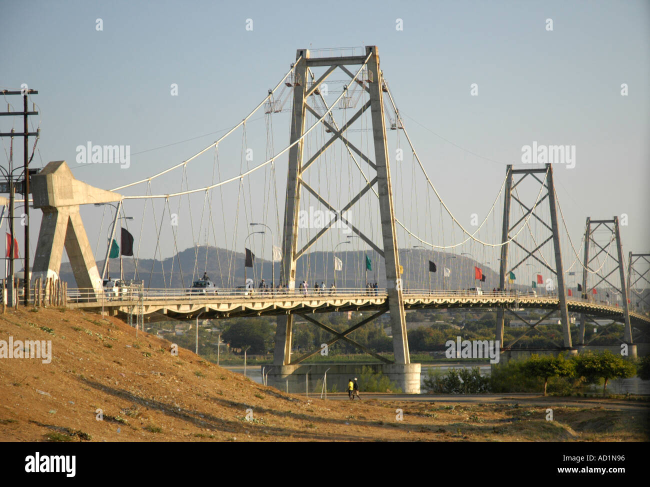 Suspension bridge over the Zambezi Zambeze River Mozambique at Tete at ...