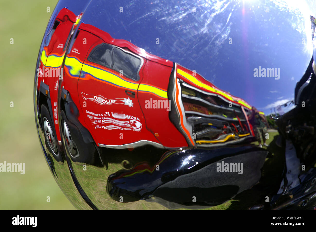 fire-fighting vehicle reflection in old car headlight Stock Photo - Alamy