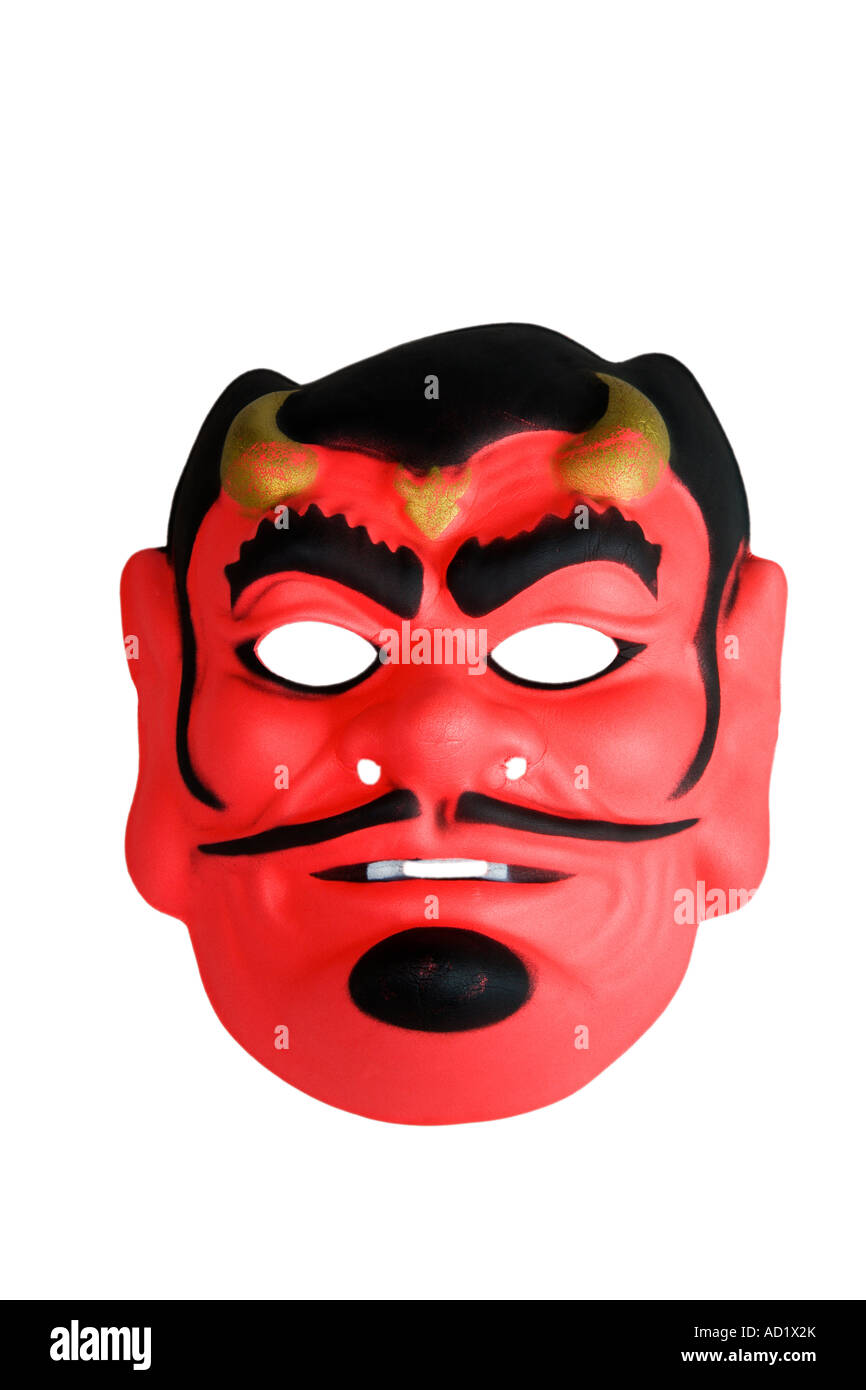 Horned devil red face mask halloween Stock Photo - Alamy