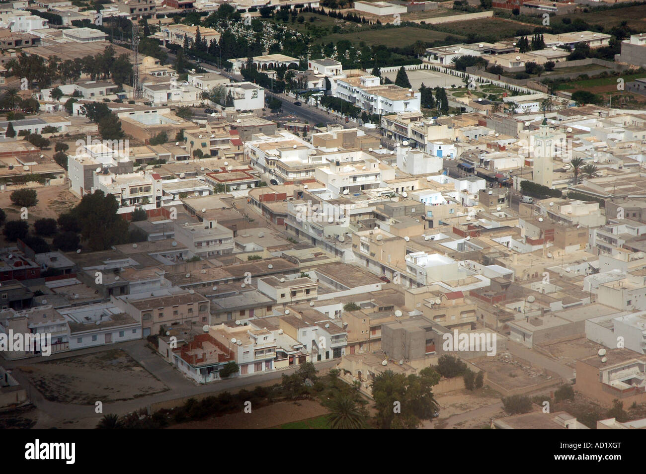 Monastir city in Tunisia seen during landing approach, view from plane ...