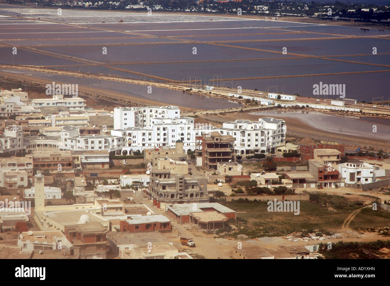 Monastir city in Tunisia seen during landing approach, view from plane ...