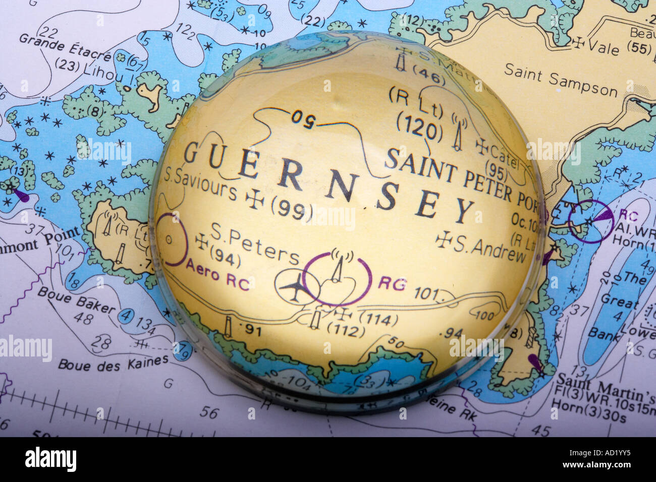Magnified Maritime Chart showing the Island of Guernsey off the coast ...
