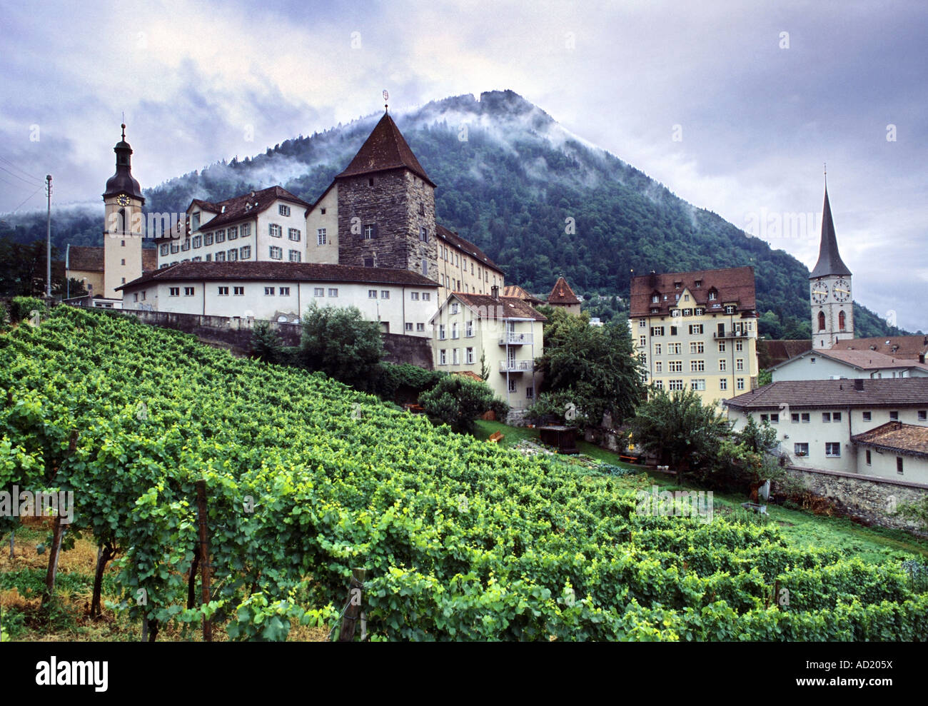 Early morning view over the old town of Chur, Switzerland, with low ...