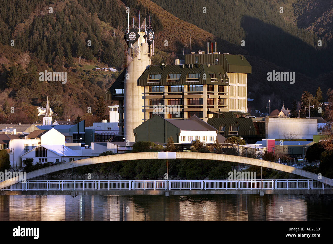 The civic building viewed over the Maitai River in Nelson City, New ...