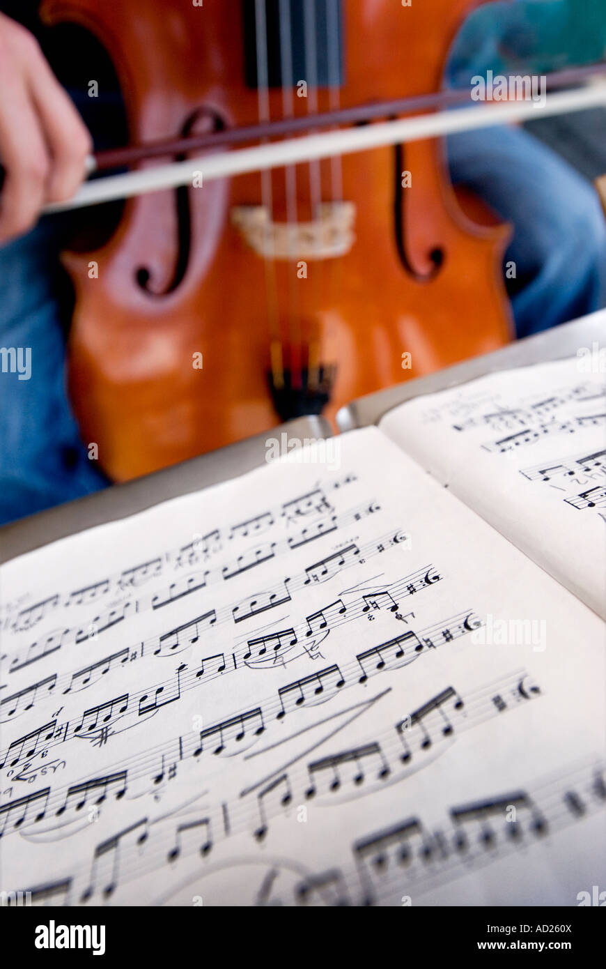 person playing the cello while reading sheet music Stock Photo - Alamy