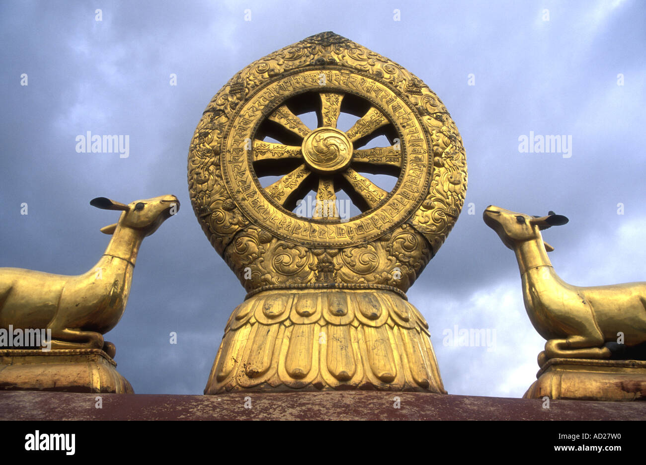 The dharma wheel on the roof of the Jokhang Monastery in Lhasa Tibet ...