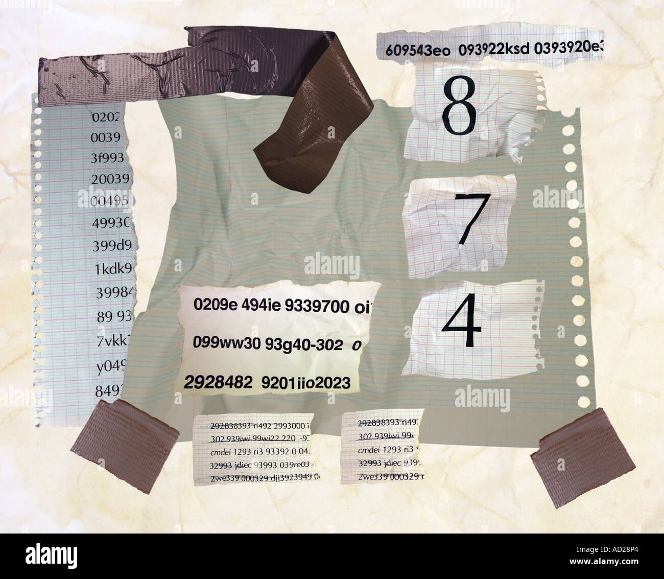 numbers and data code made from paper, torn shredded and bits of tape ...
