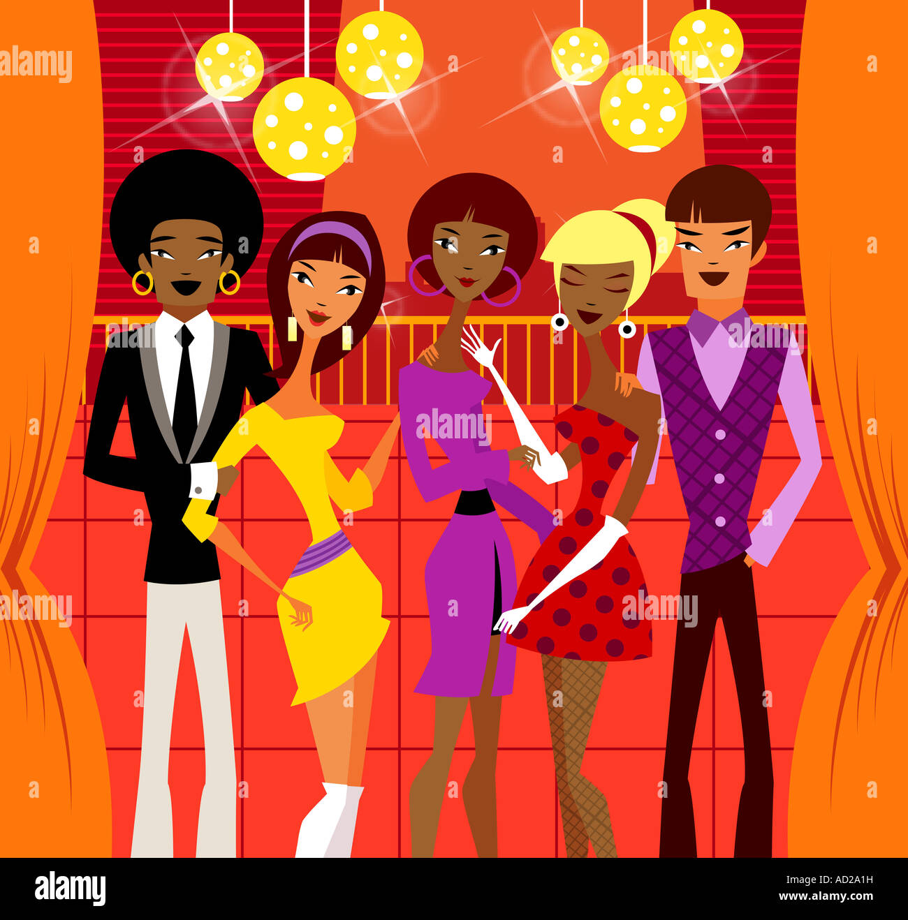 Five people standing together in a nightclub Stock Photo - Alamy