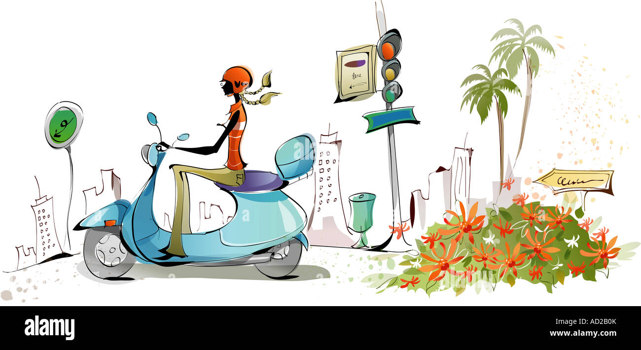 Side profile of a woman riding a motor scooter Stock Photo - Alamy