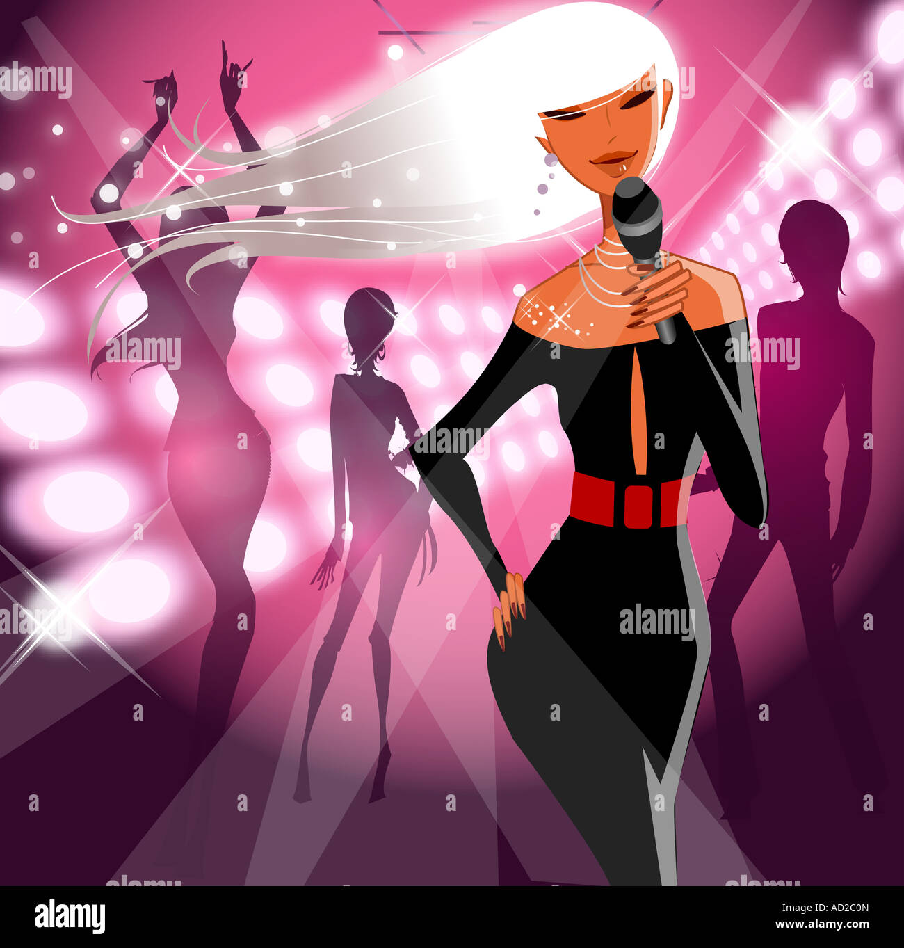 Close-up of a woman singing into a microphone with three people dancing ...