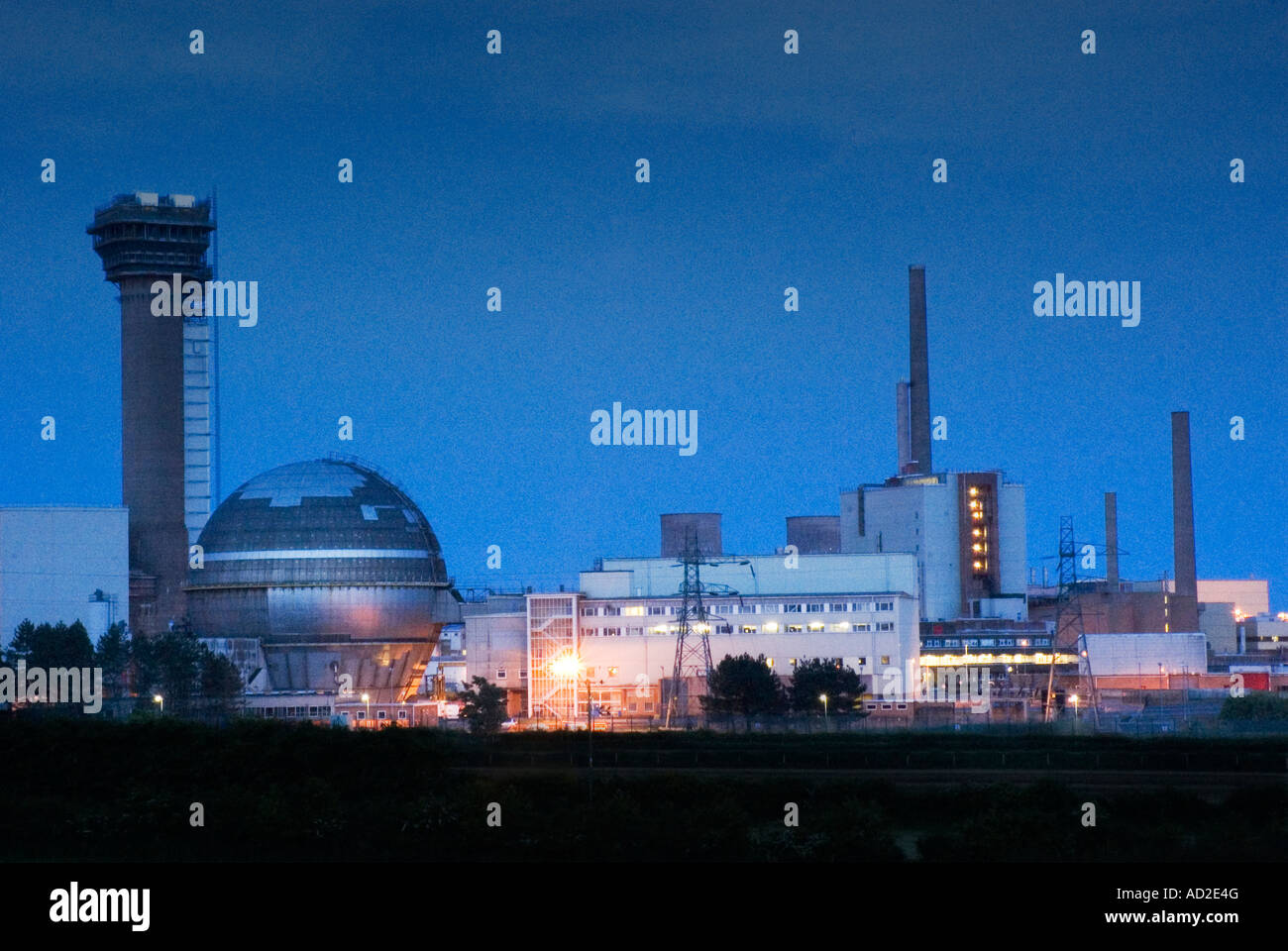 Sellafield nuclear reprocessing plant at night showing the Windscale ...