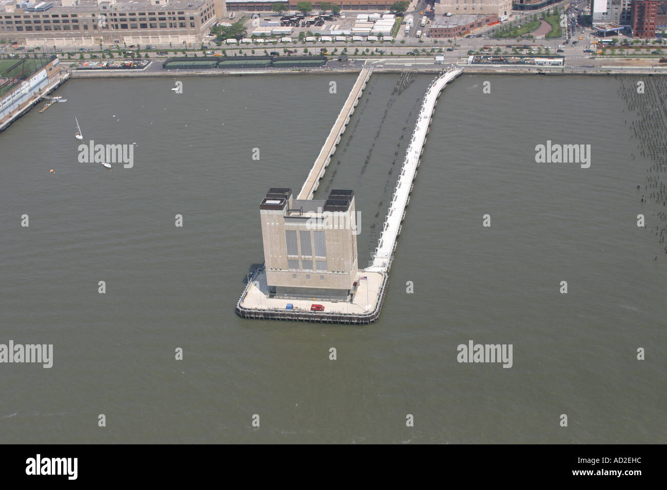 Aerial view of Lincoln Tunnel vent tower on Hudson River, New York ...