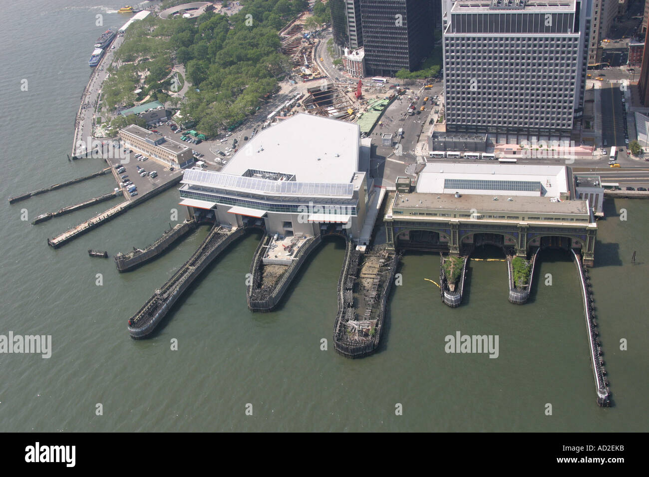 Aerial view of ferry terminal located at southern tip of Manhattan, New ...