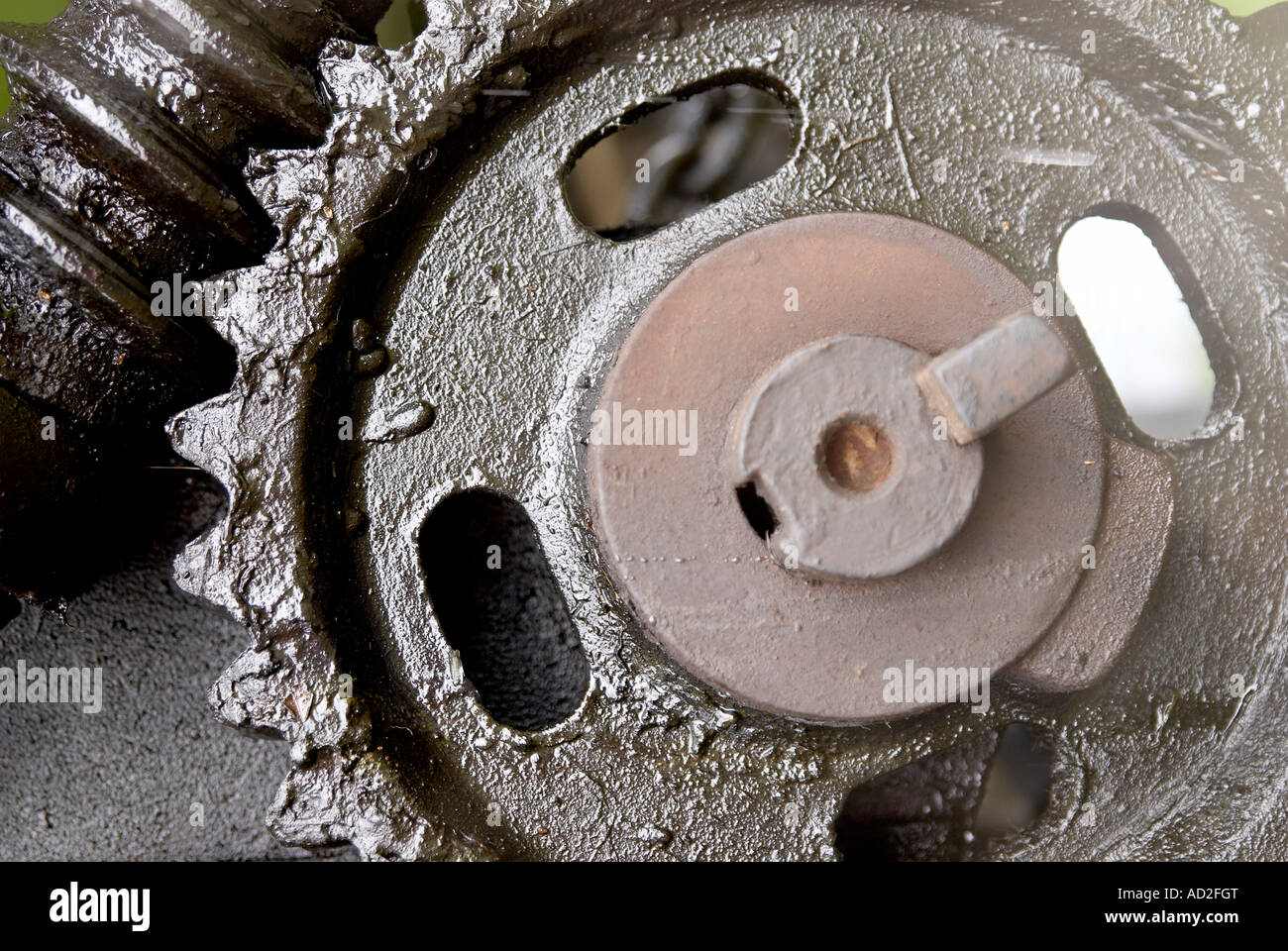 Close-up of cog and pinion of the steering gear of a steam traction ...