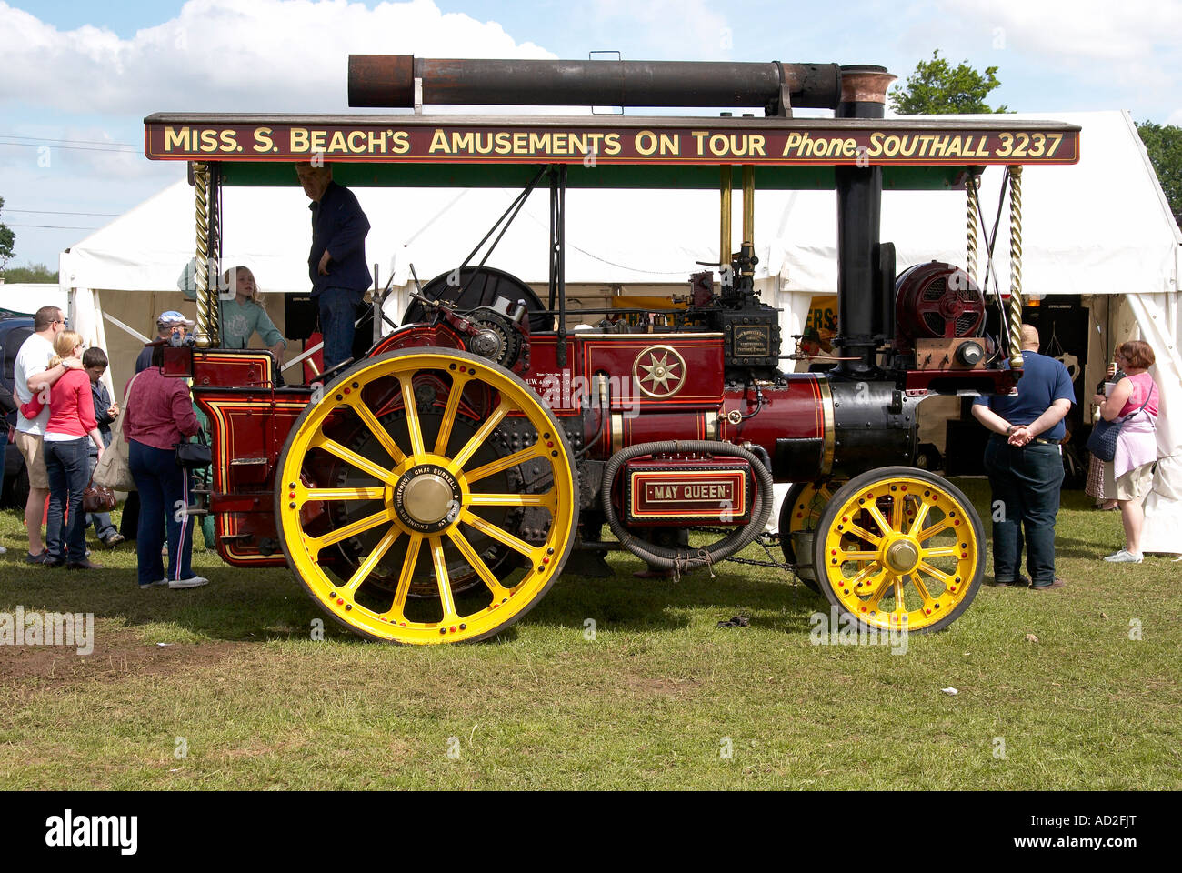 Red Burrell showmans steam traction engine with yellow wheels, steam ...