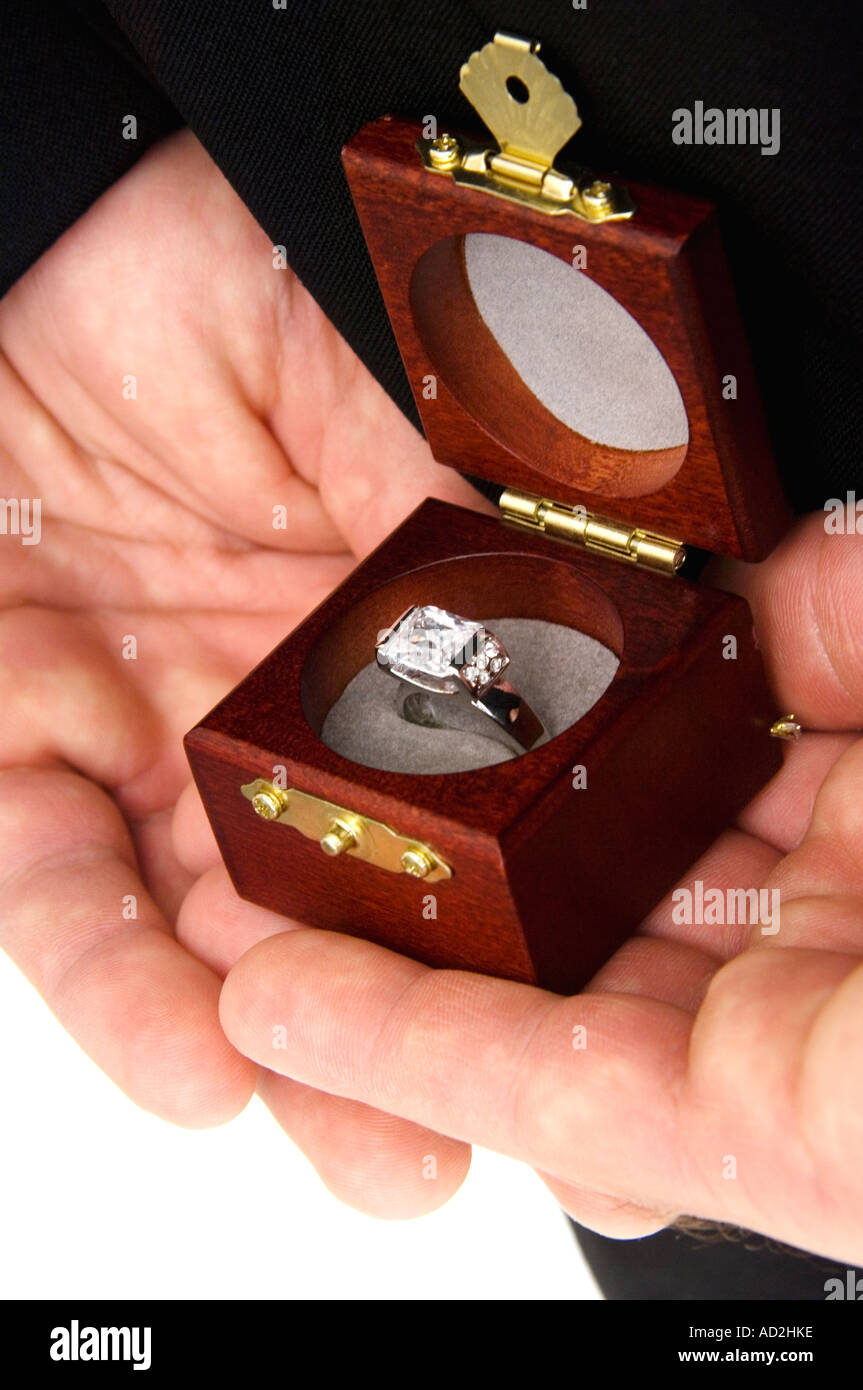 Man holding ring in box behind his back Stock Photo - Alamy