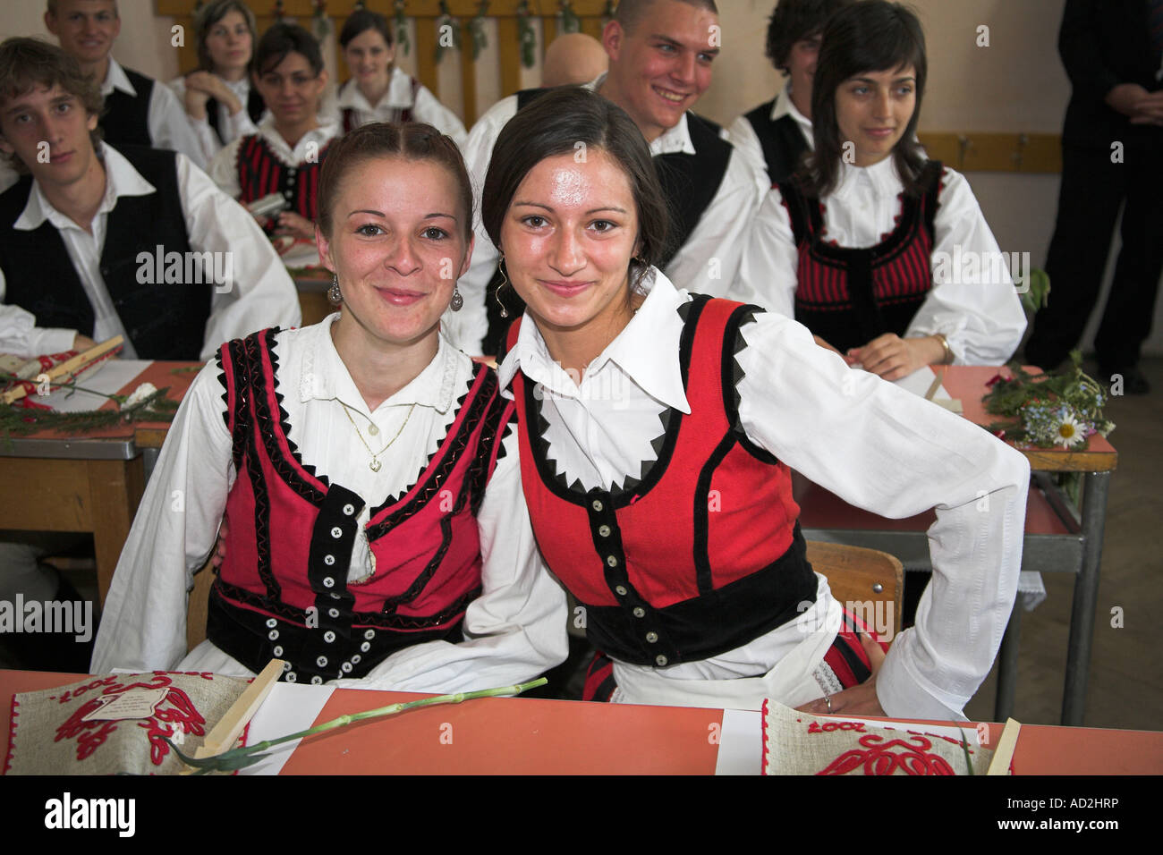 High school students in Hungarian national costume, in classroom ...