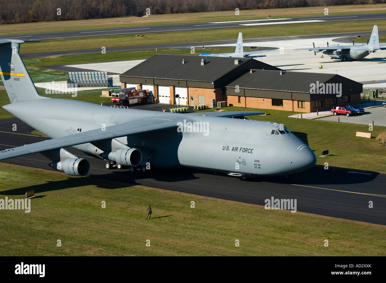 Aerial view of United States Air Force Aircraft preparing to take off ...