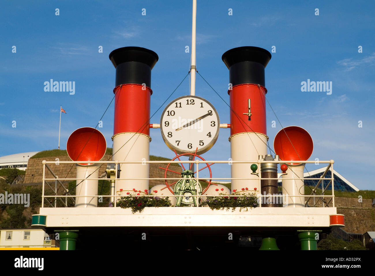 dh ST HELIER JERSEY Steam Clock funnels and ships mock bridge Stock ...