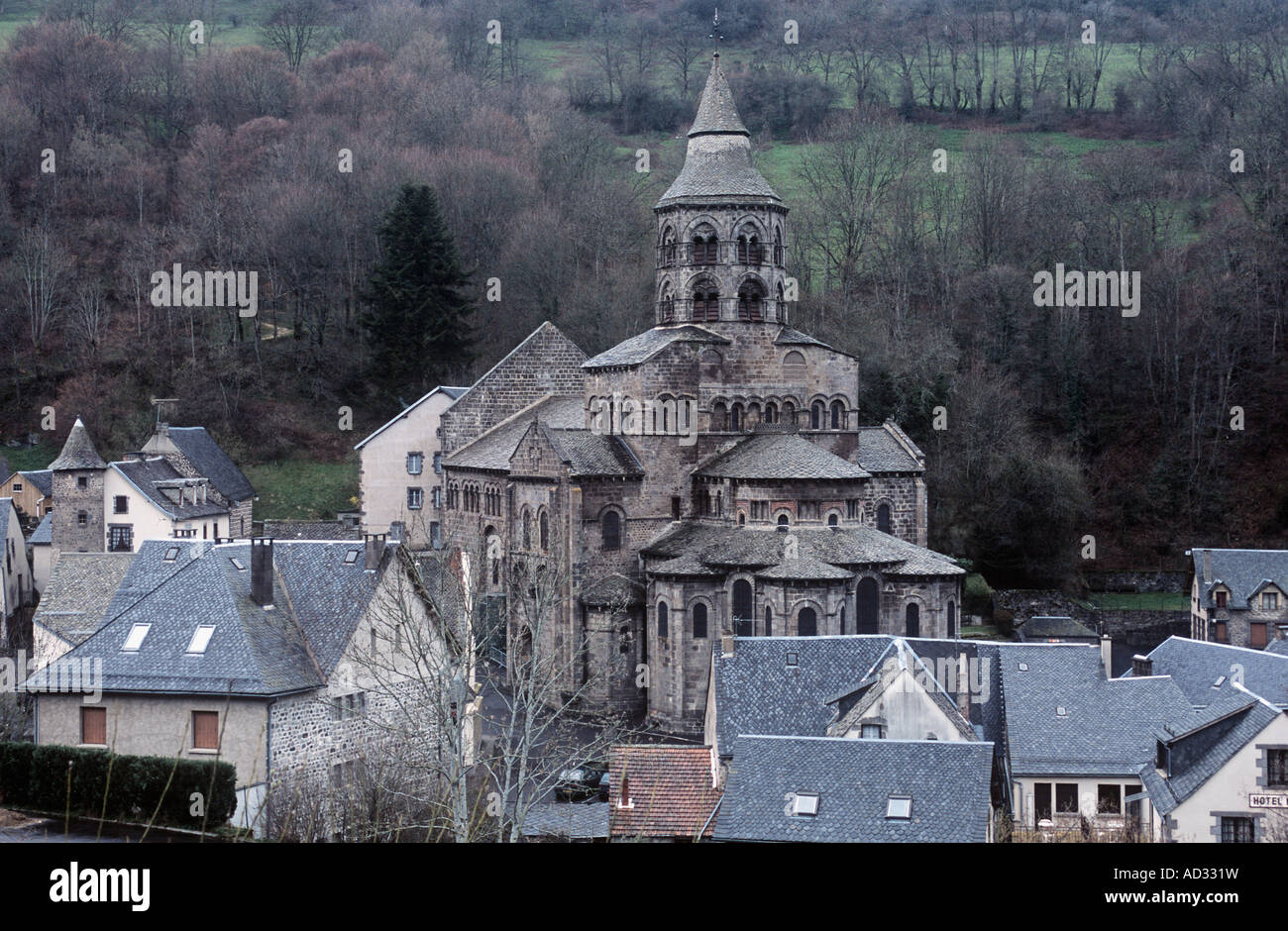The romanesque Basilique Notre-Dame nestled in Orcival village in ...