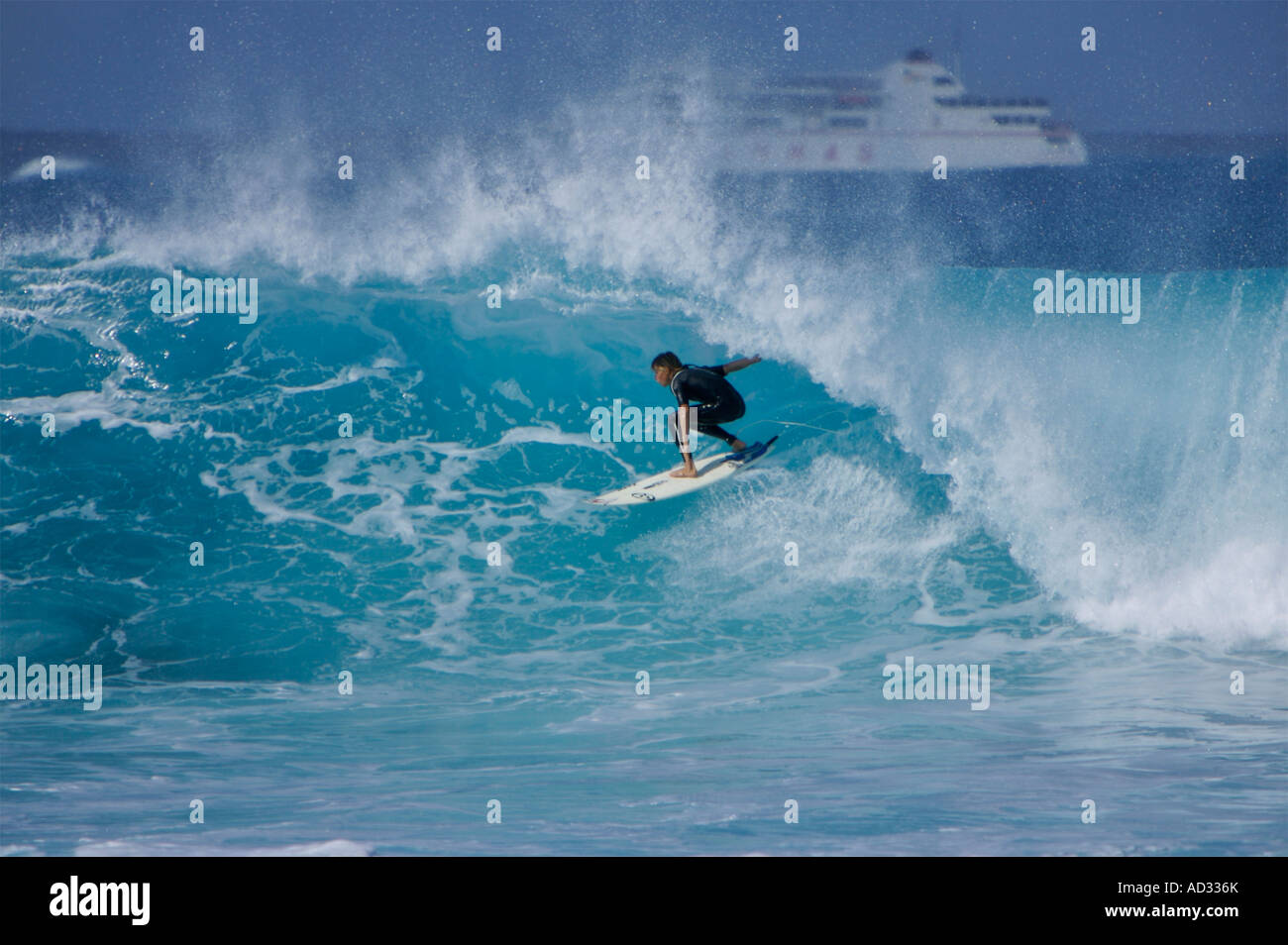 British surfer, Jayce Robinson surfing at Los Lobos, an island off the ...