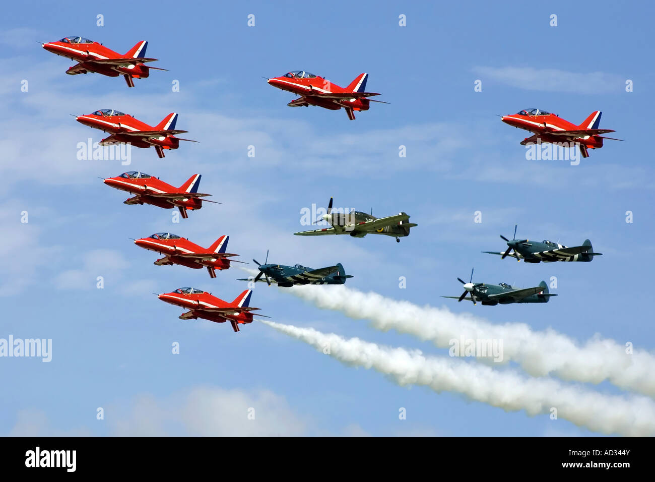 The RAF Red Arrows formation aerobatic team flying in formation with a ...