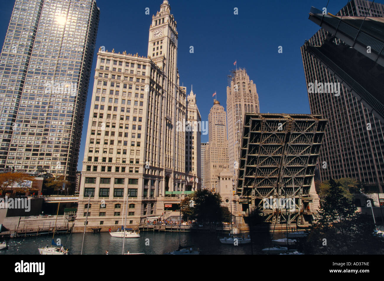 Michigan avenue draw bridge raised over the Chicago river in Chicago ...