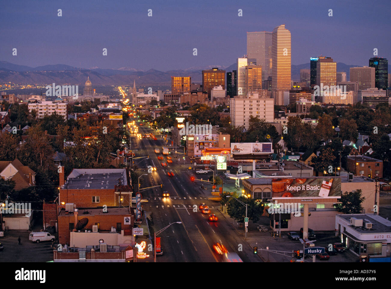 View looking west down Colfax Avenue with downtown Denver, Colorado ...