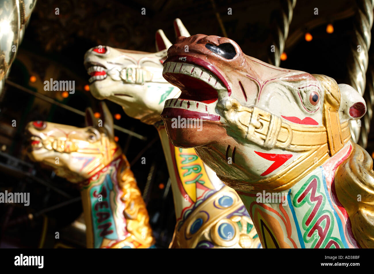 PAINTED HORSES ON VICTORIAN STEAM DRIVEN FAIRGROUND RIDE Stock Photo ...
