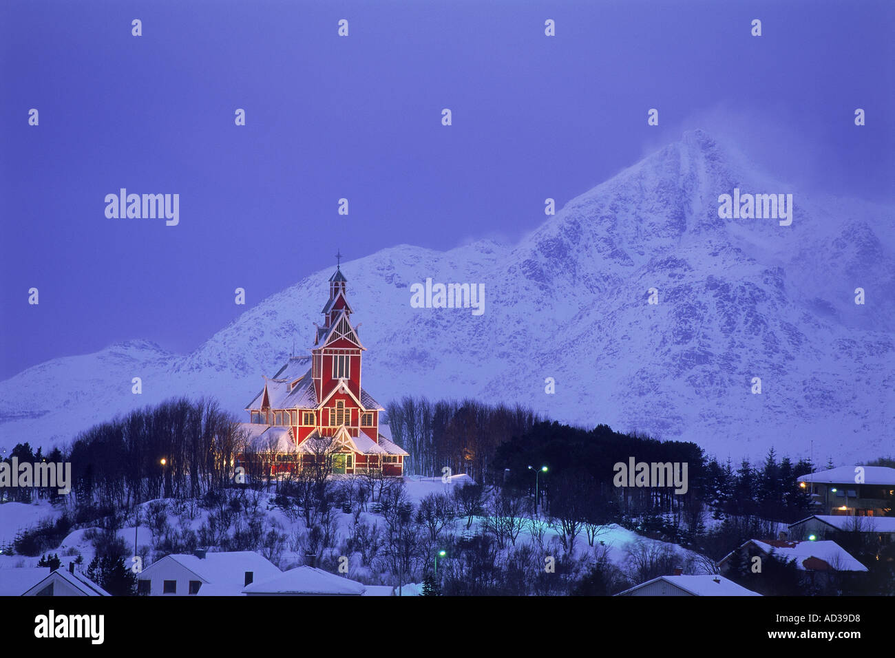 Gravdal Church in winter above village of Gravdal in Lofoten Islands in ...