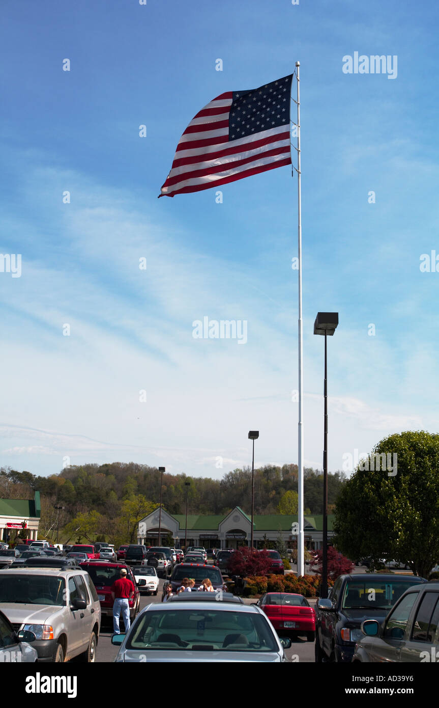 A shopping center in the United States with an American flag Stock ...
