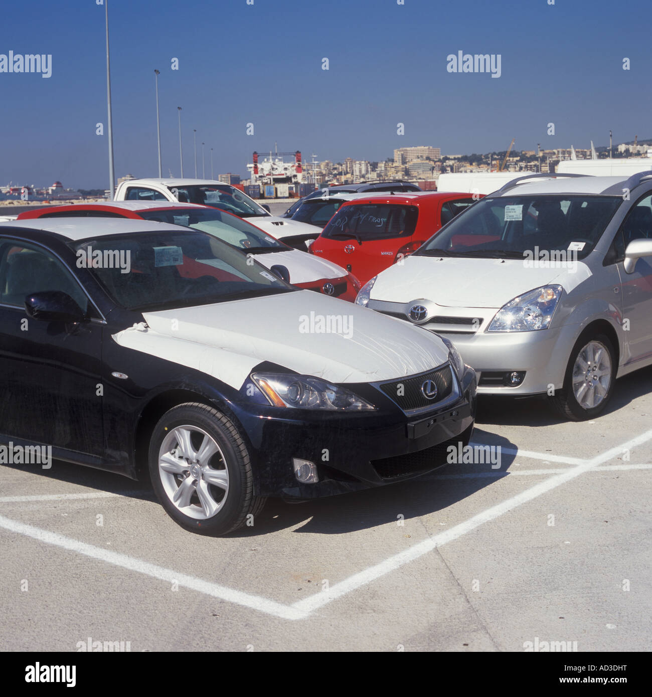 Newly imported cars awaiting onward transport in the Port of Palma de ...