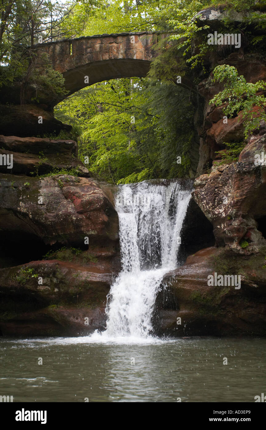 The Upper Falls with bridge in Hocking Hills State Park, Ohio Stock ...