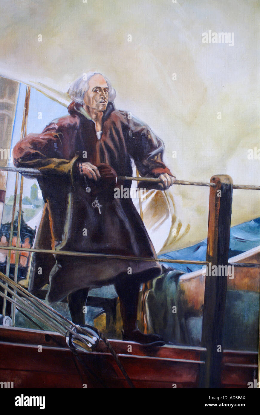 Painting of Christopher Columbus as an old man.standing on the deck of ...