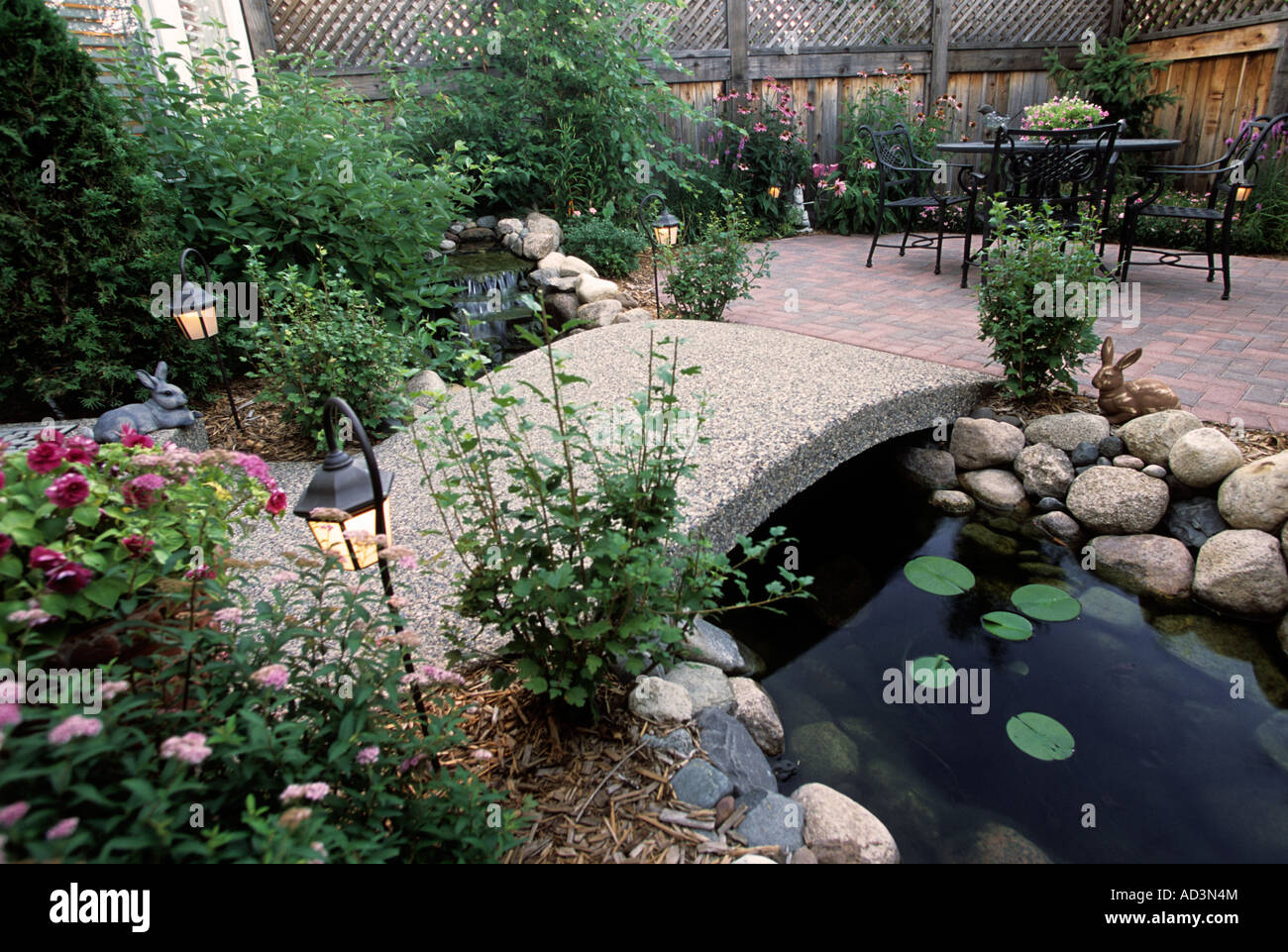 MINNEAPOLIS, MINNESOTA TOWNHOUSE PATIO GARDEN HAS SMALL STREAM, BRIDGE ...