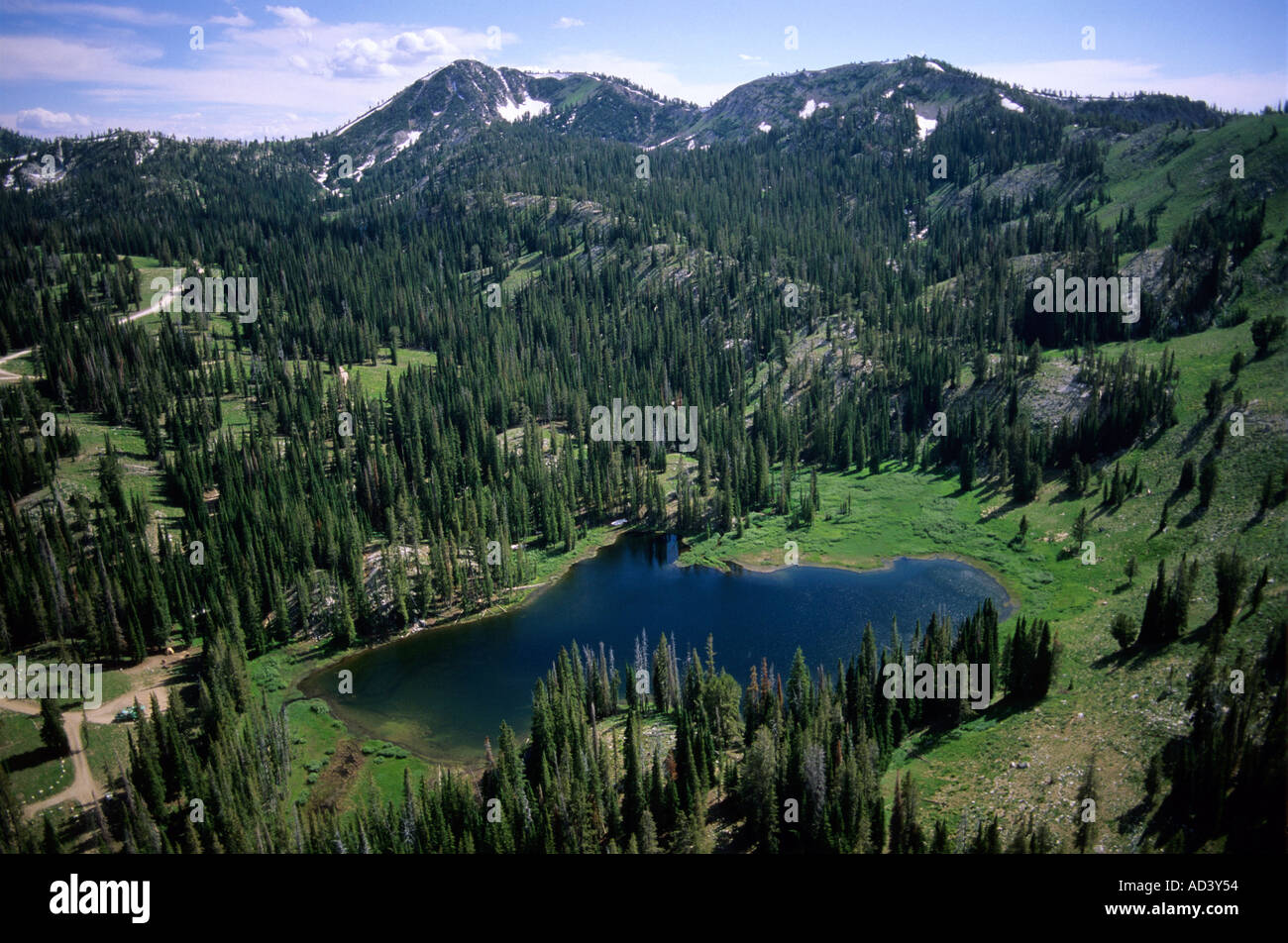 Aerial view of a high mountain lake in the Trinity Mountain area of ...