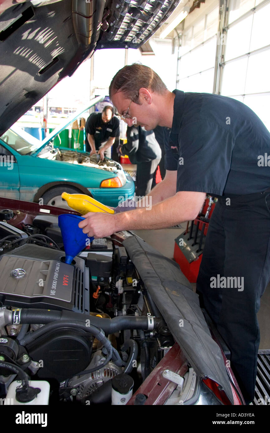 Auto mechanic changing the oil in a car Stock Photo - Alamy