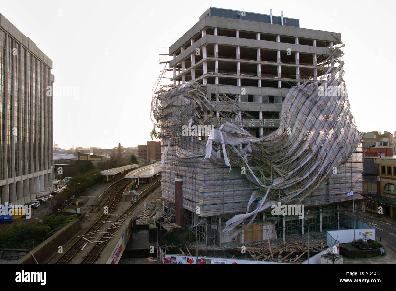 Aftermath of high winds in Cardiff scaffolding collapse on an office ...