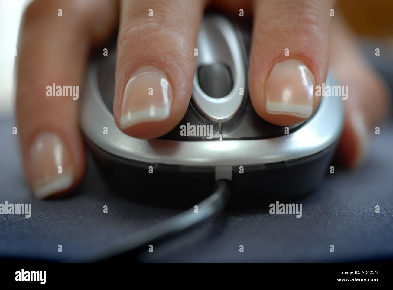 Womans hand using a computer mouse with scroll wheel in an office Stock ...