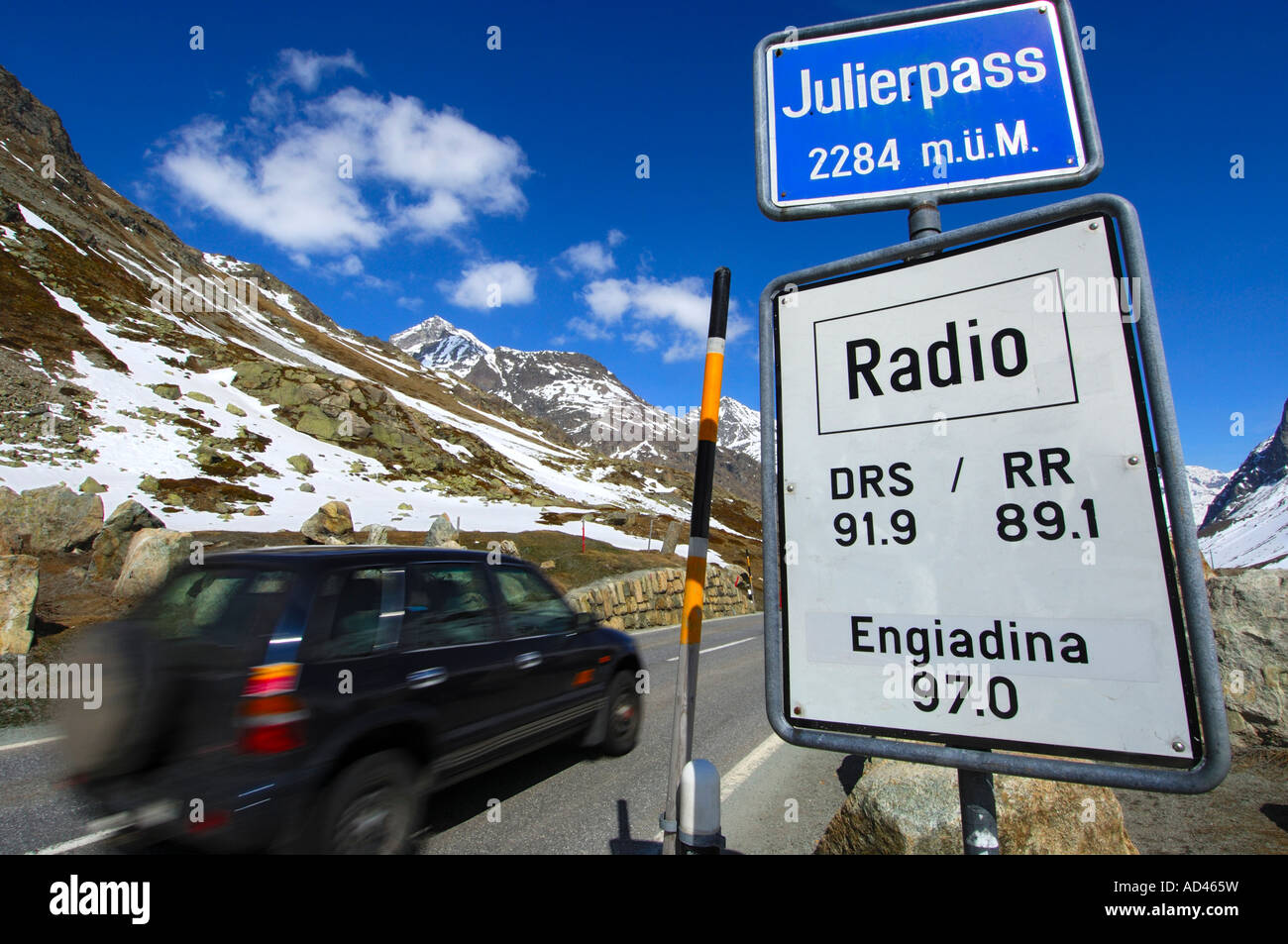 Crossing the Julier Pass, signs indicating the altitude of the pass and ...