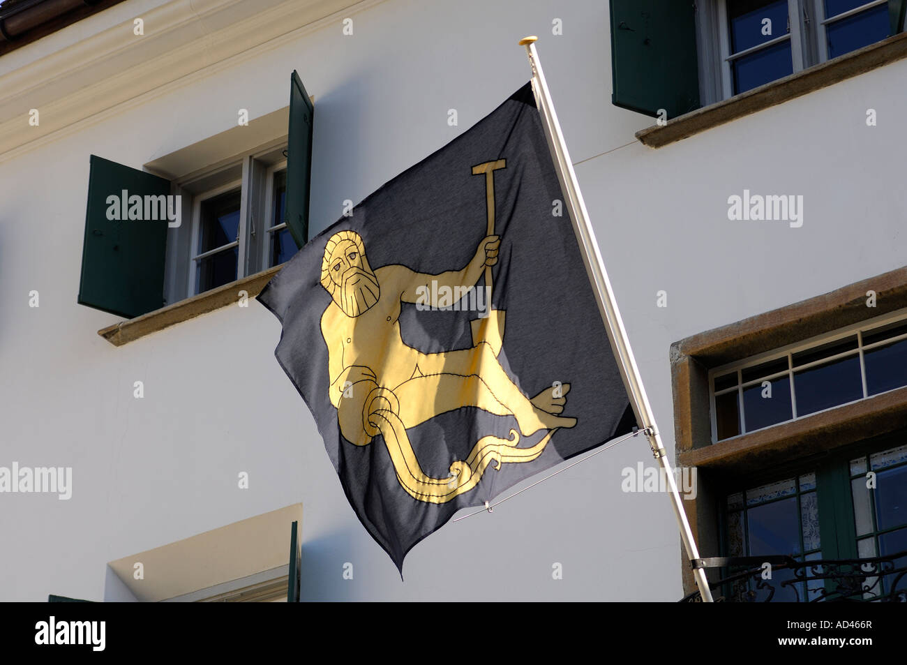 Flag with coat of arms of Samedan, Upper Engadine, Graubuenden, Grisons ...