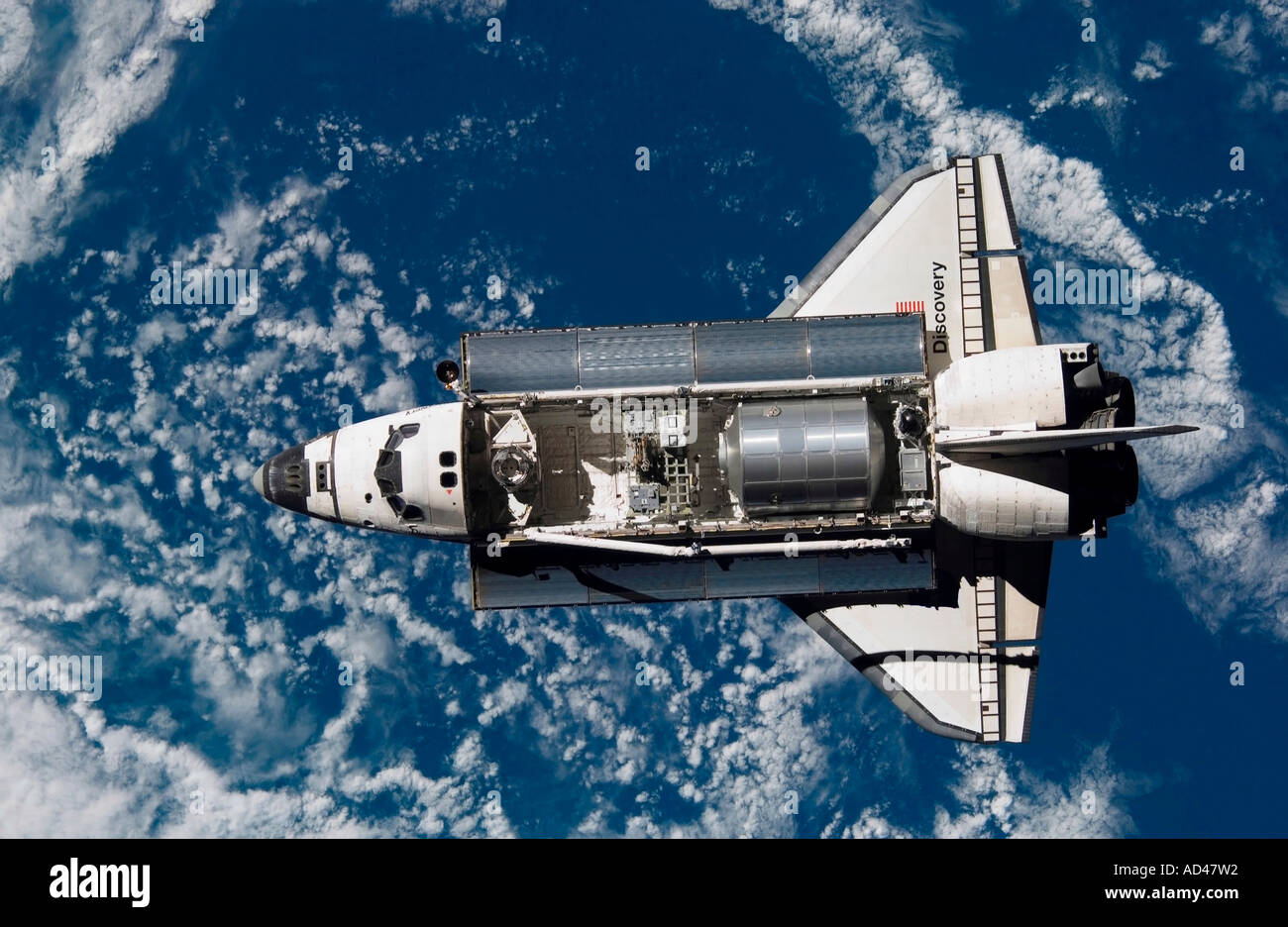 Space Shuttle Discovery backdropped by a blue and white Earth Stock ...