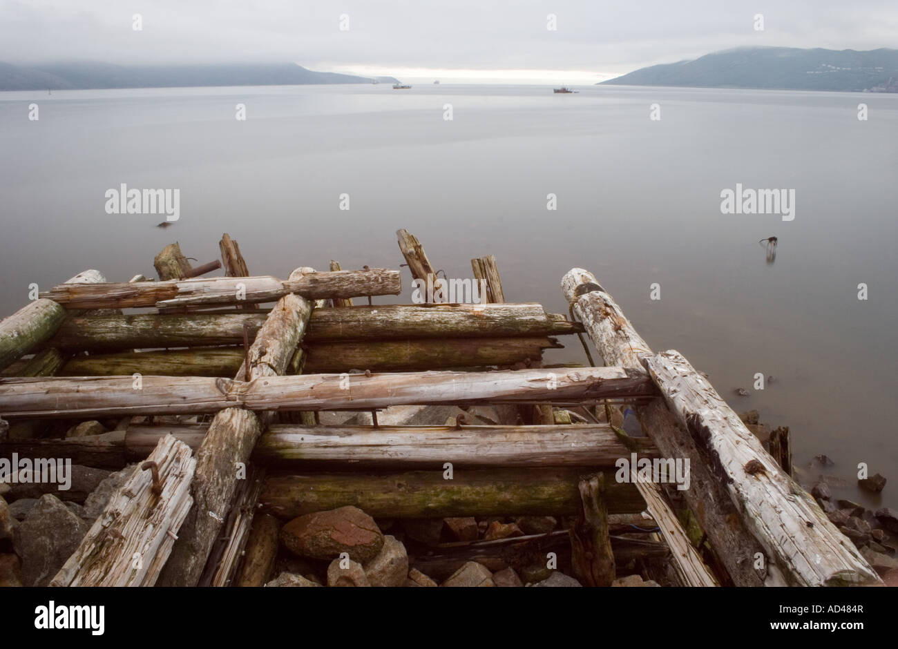 . Ruins of a sea morning. Sea of Okhotsk. Nagaevo bay. Magadan, Eastern ...