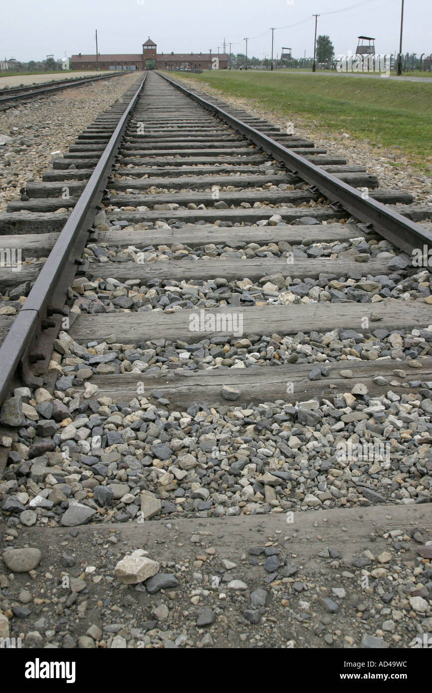 Railroad Tracks lead to the main building at Auschwitz Birkenau, a Nazi ...