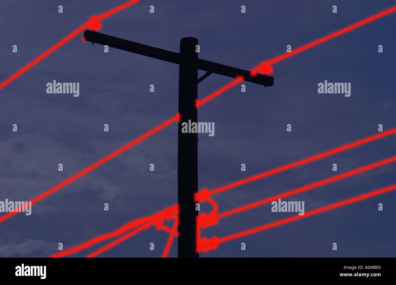 abstract image of electrical wires glowing and pole at night Stock ...