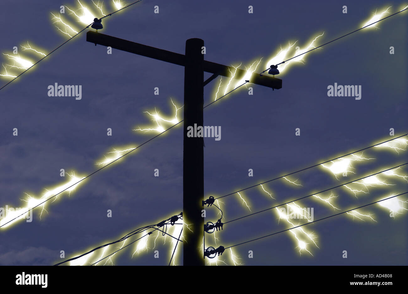 abstract image of electrical wires sparkling and pole at night Stock ...