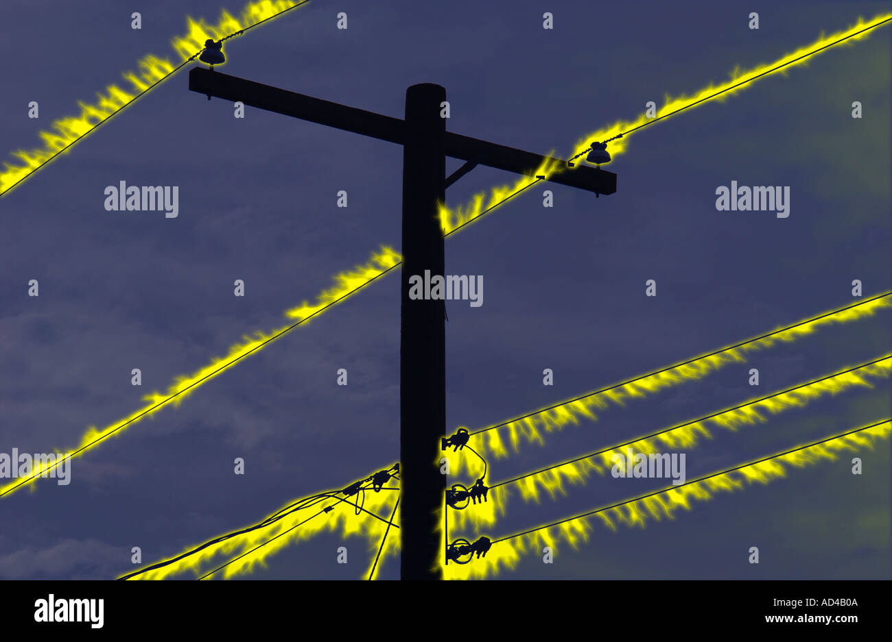 abstract image of electrical wires sparkling and pole at night Stock ...