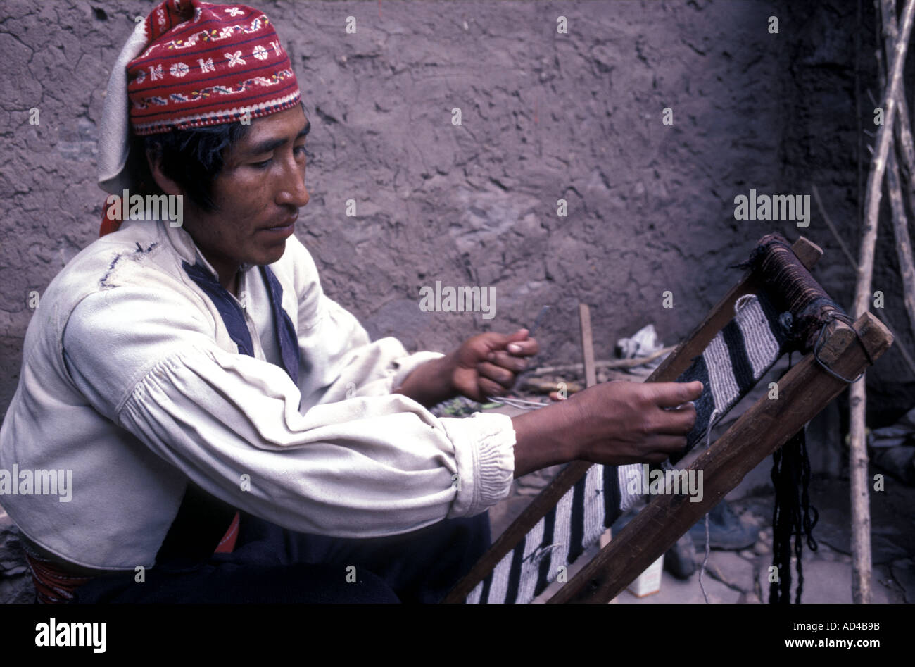 PERU NATIVE QUECHUA MAN WEAVING CLOTHES TAQUILE ISLAND LAKE TITICACA ...